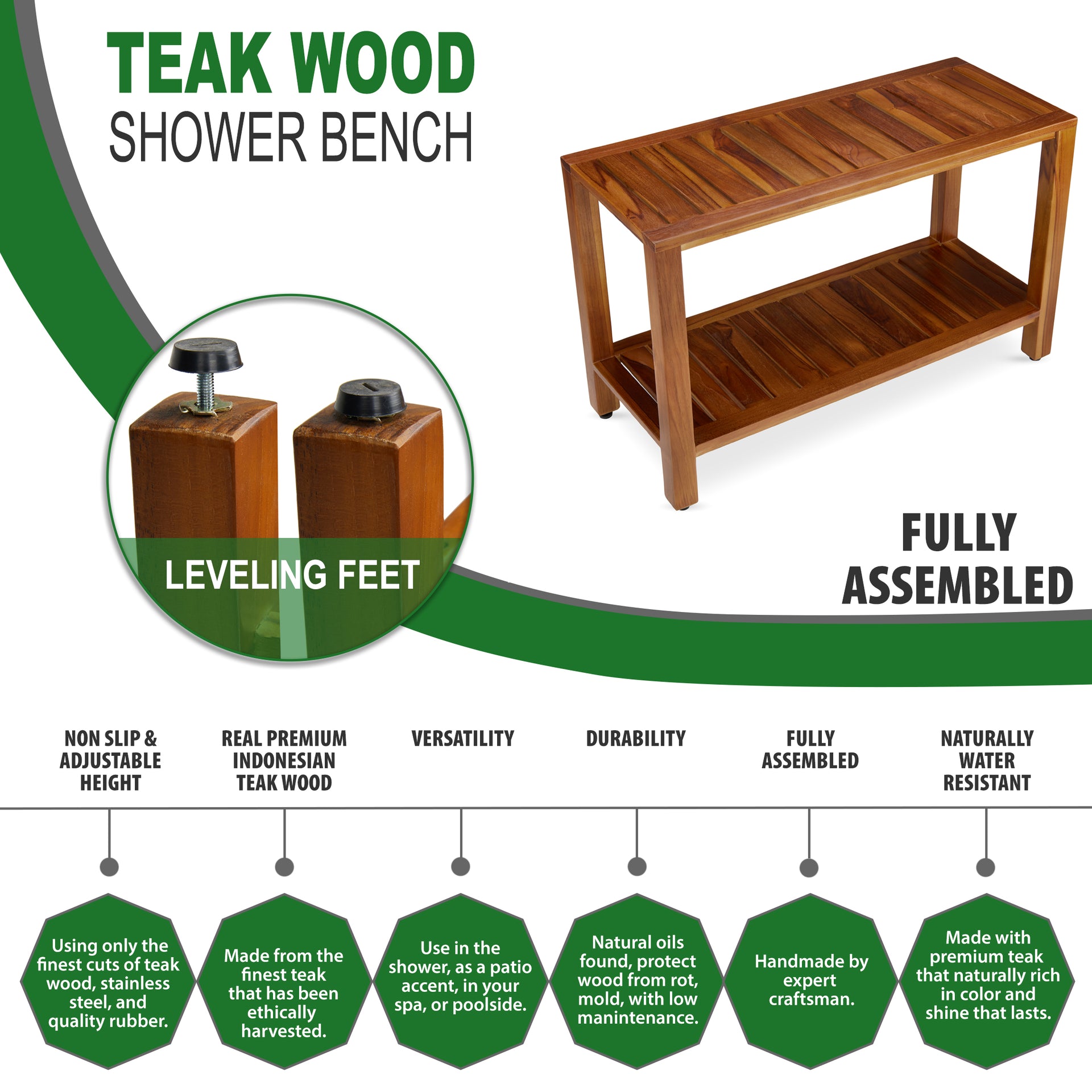 The FREYA, Teak Shower Bench, Shower Stool, 30 Inch – TeakCraft