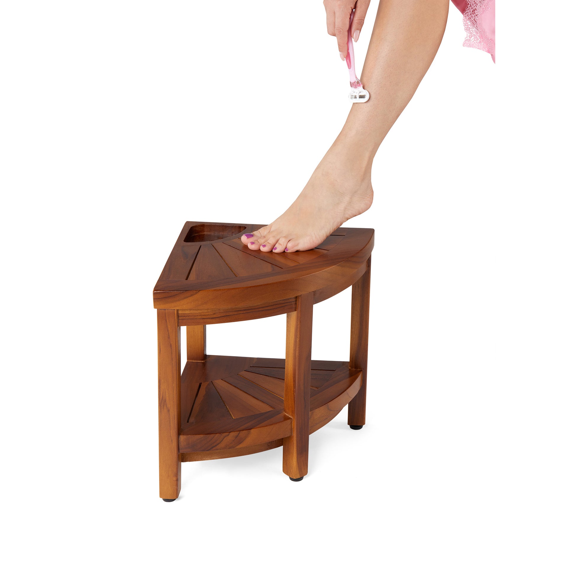 TeakCraft Corner Teak Shaving & Foot Rest with Shelf, 12" Fully Assemb